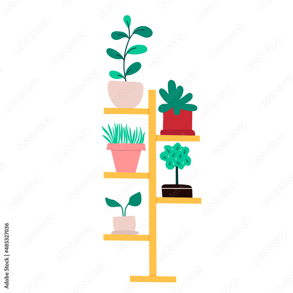 Vector rack with Potted Plants for a cozy Scandinavian Interior. Wooden ...
