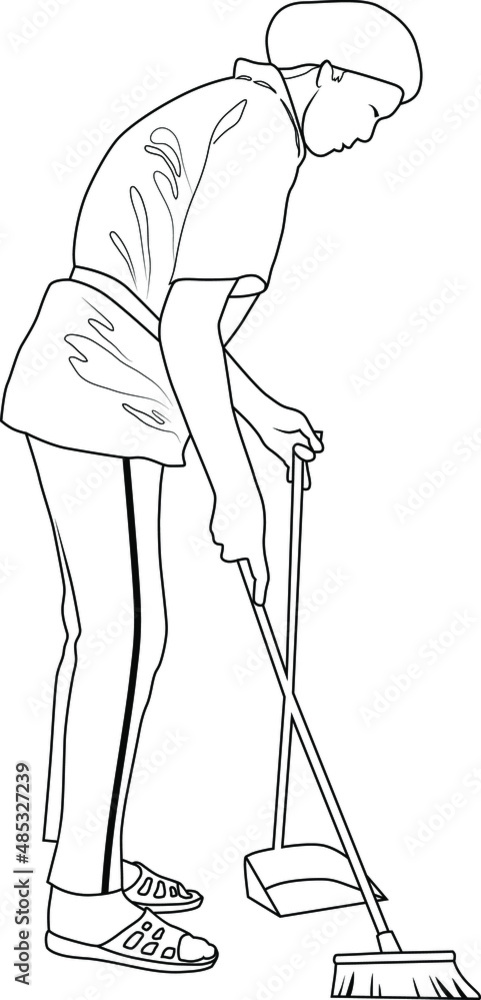 Cleaning lady sweeping garbage into a dustpan vector illustration Stock ...