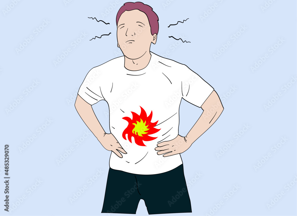 Unhealthy man suffer from stomach ache or gastritis. Unwell male touch ...