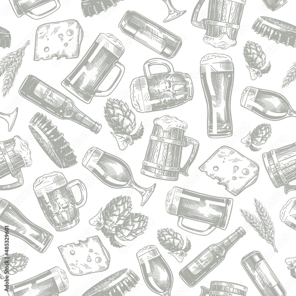 Beer Seamless Pattern in Outline Hand Drawn Doodle Style with Different ...