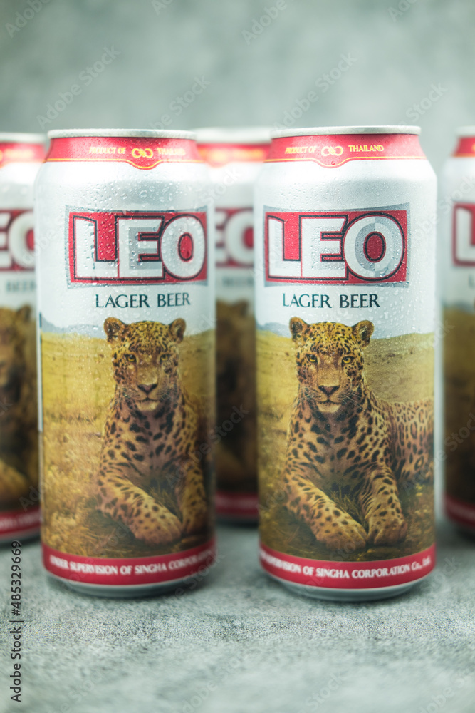 Samut Prakan, Thailand - February 6, 2022 : Leo Beer, the new design ...