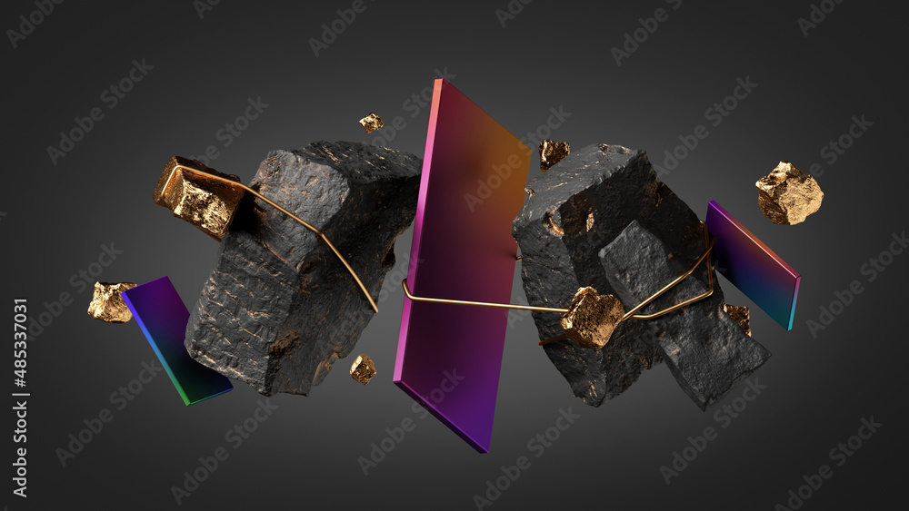 3d render, abstract black background. Modern unusual wallpaper with ...