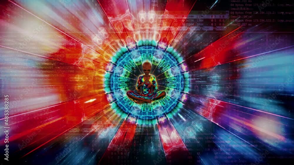 Seamless loop alien with body paint meditating or doing yoga on a ...