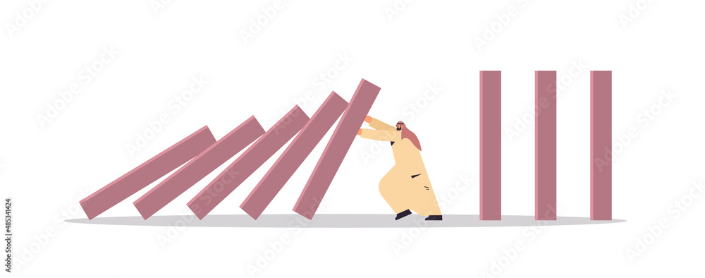 stressed arab businessman stopping domino effect crisis management ...