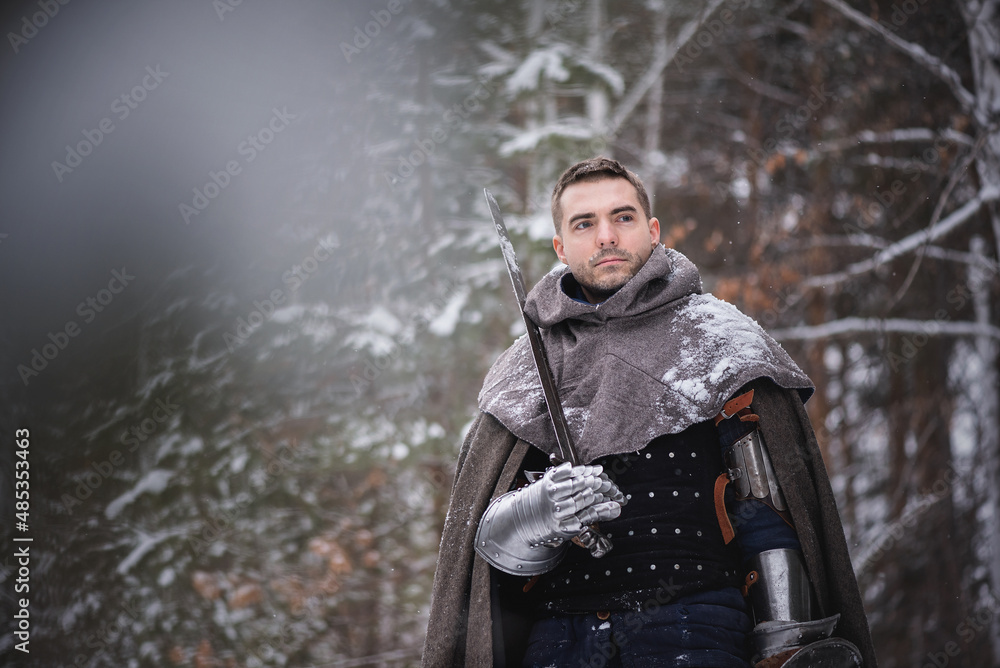 A knight in the armor with the sword in the winter snowy forest. Stock ...