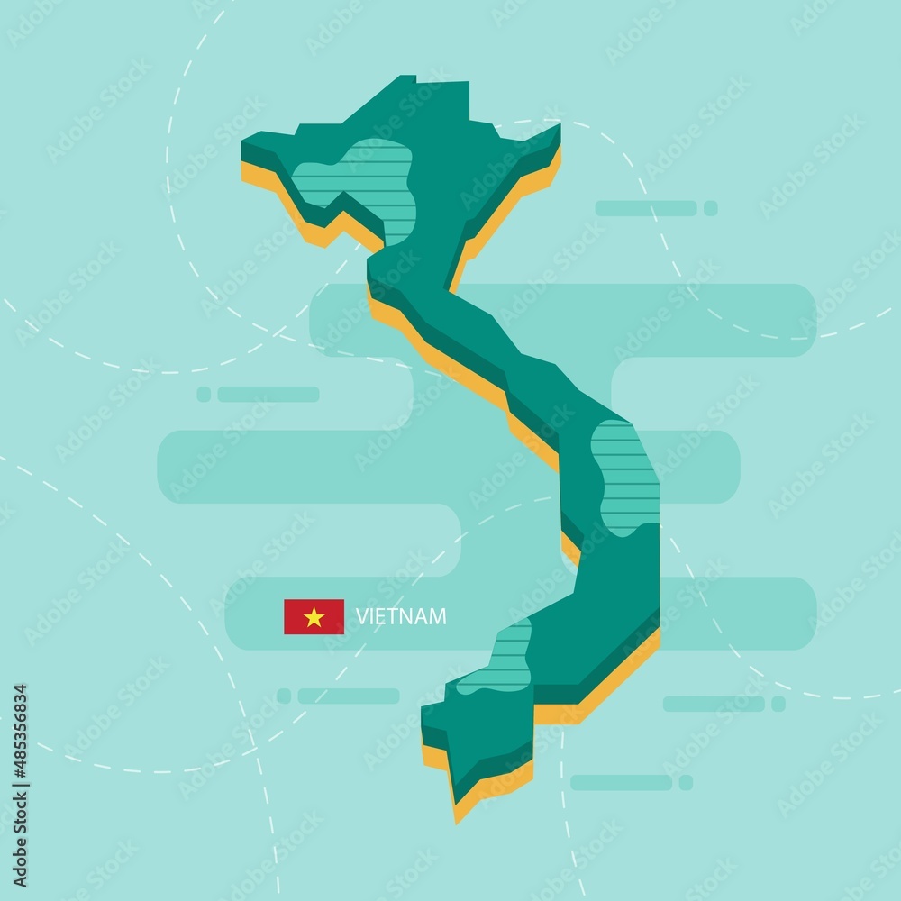 3d vector map of Vietnam with name and flag of country on light green ...