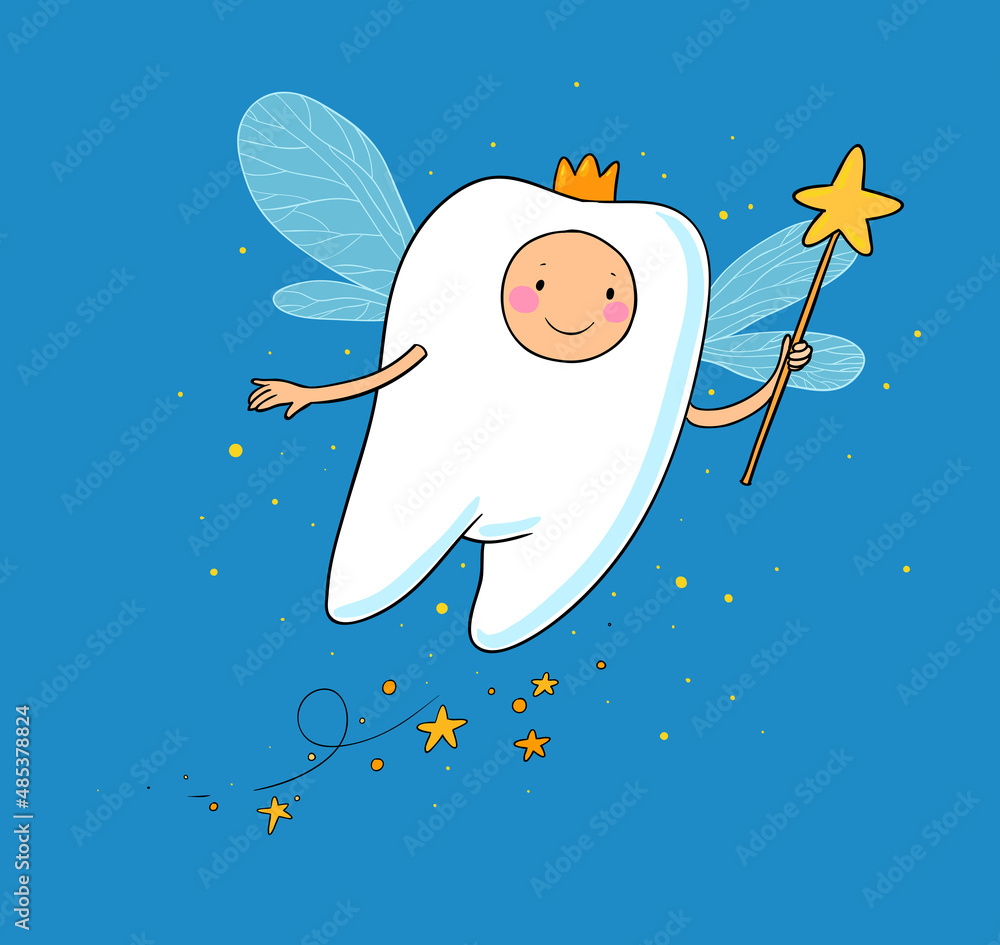 Cute cartoon tooth fairy. Tooth with crown and wings. Vector ...