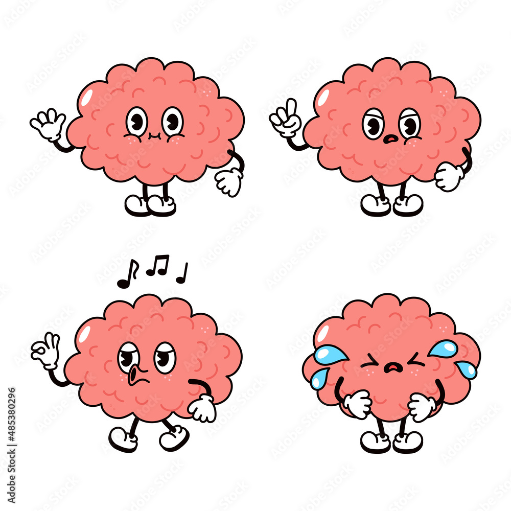 Funny cute brain character bundle set. Vector hand drawn doodle style ...