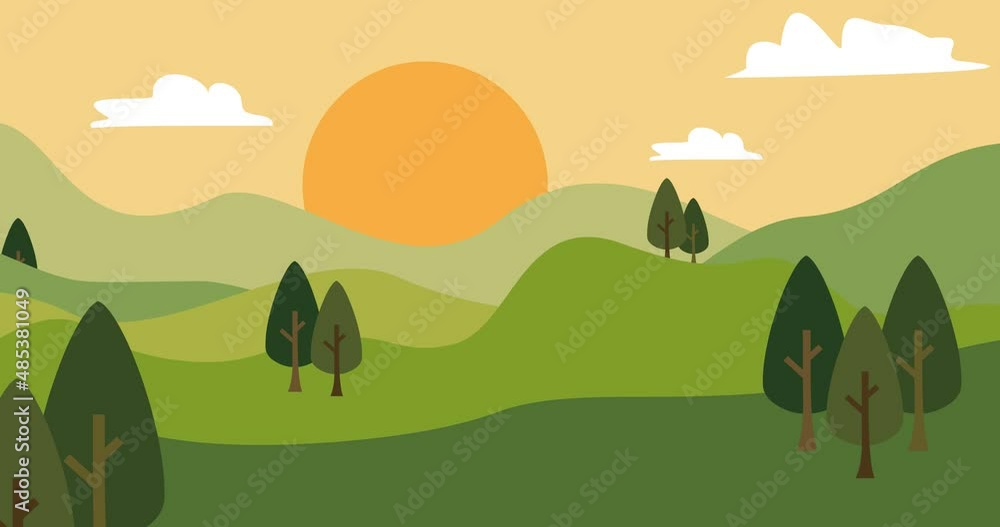 animated background of green hills and trees with warm sunshine Stock ...