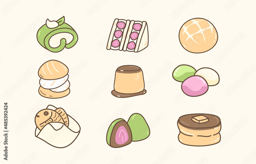 Japanese dessert food vector. Traditional Sweet menu set of cuisine ...