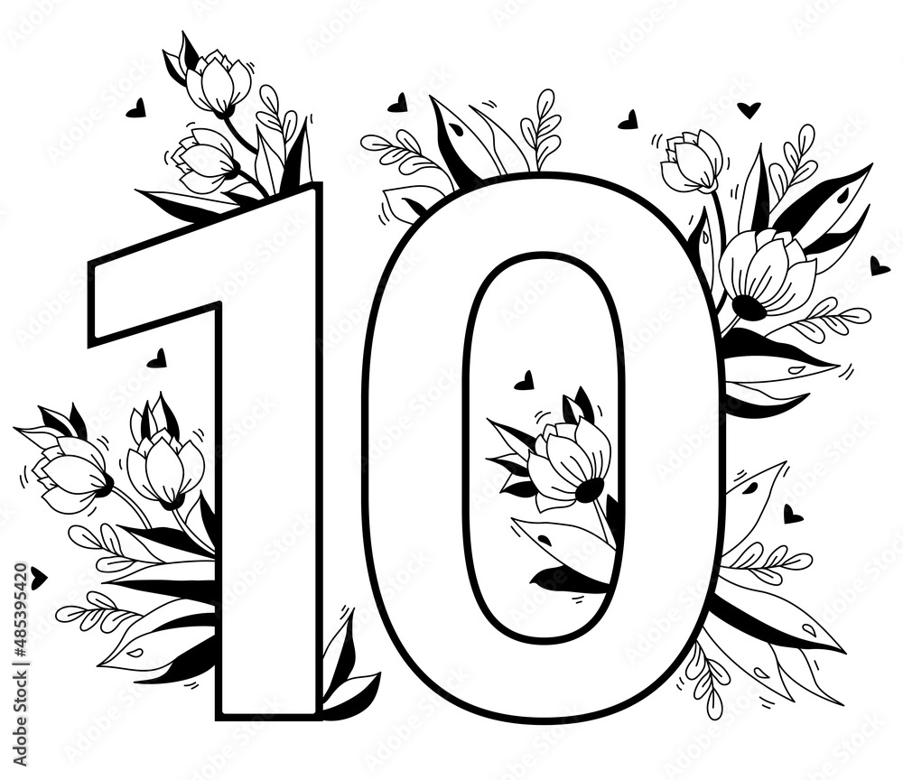 Flower number. Decorative floral pattern numbers ten. Big 10 with ...