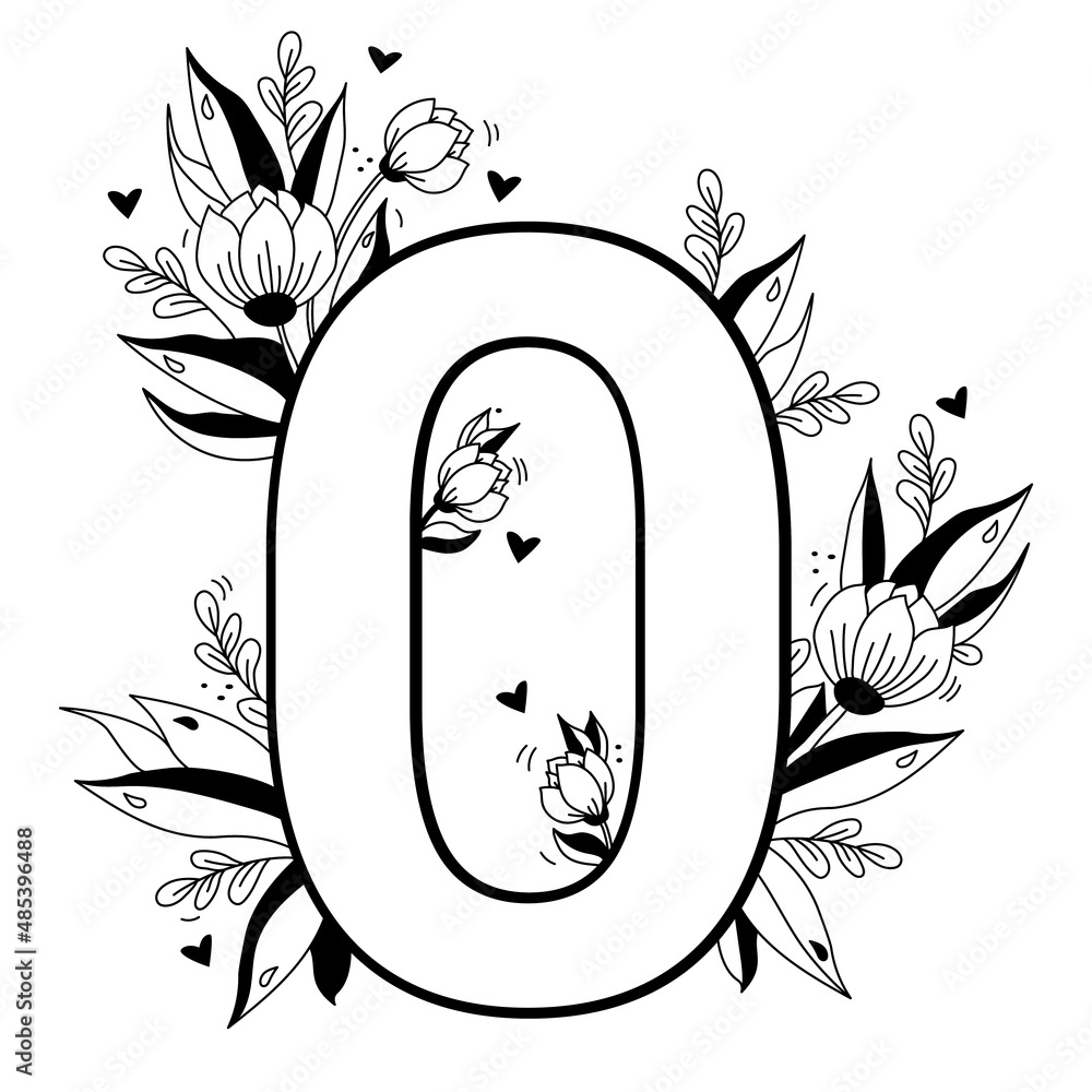 Flower number. Decorative floral pattern Digit zero. Big 0 with flowers ...