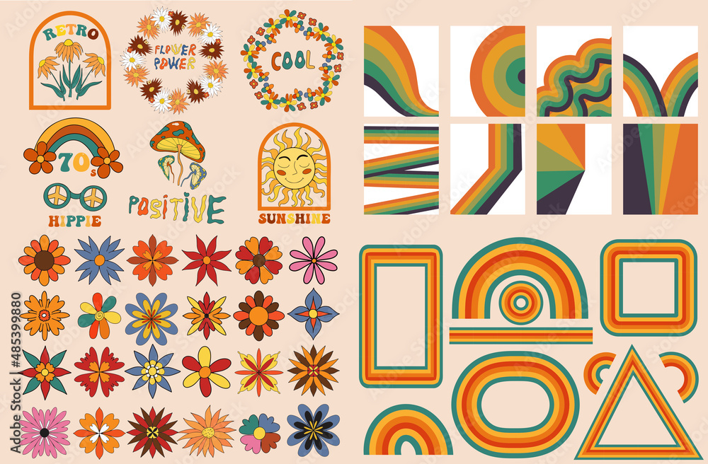 Big retro 70s set with flowers, rainbow posters, rainbow frames, t ...