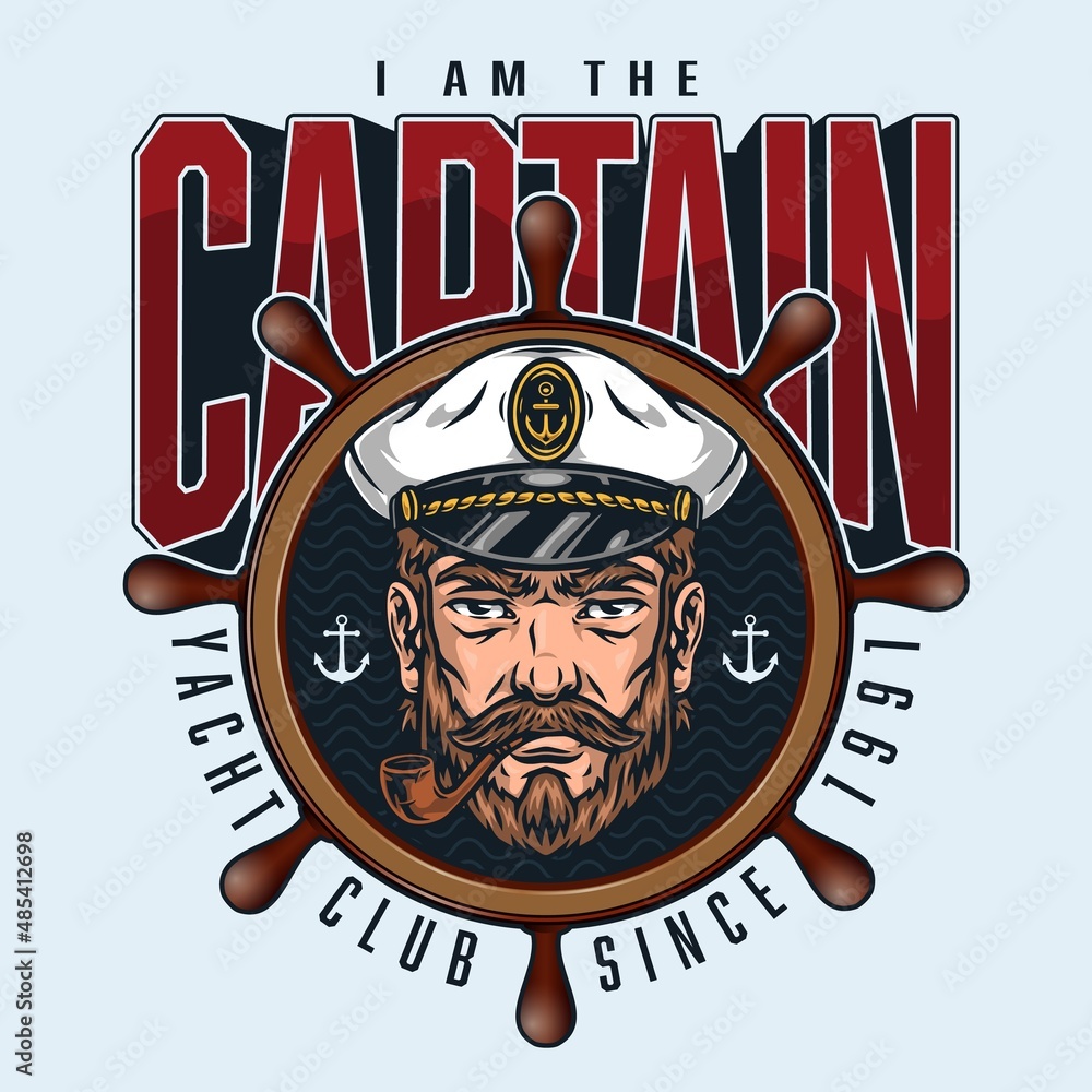 Vintage bearded sailor smoking pipe, marine emblem with sea captain in ...