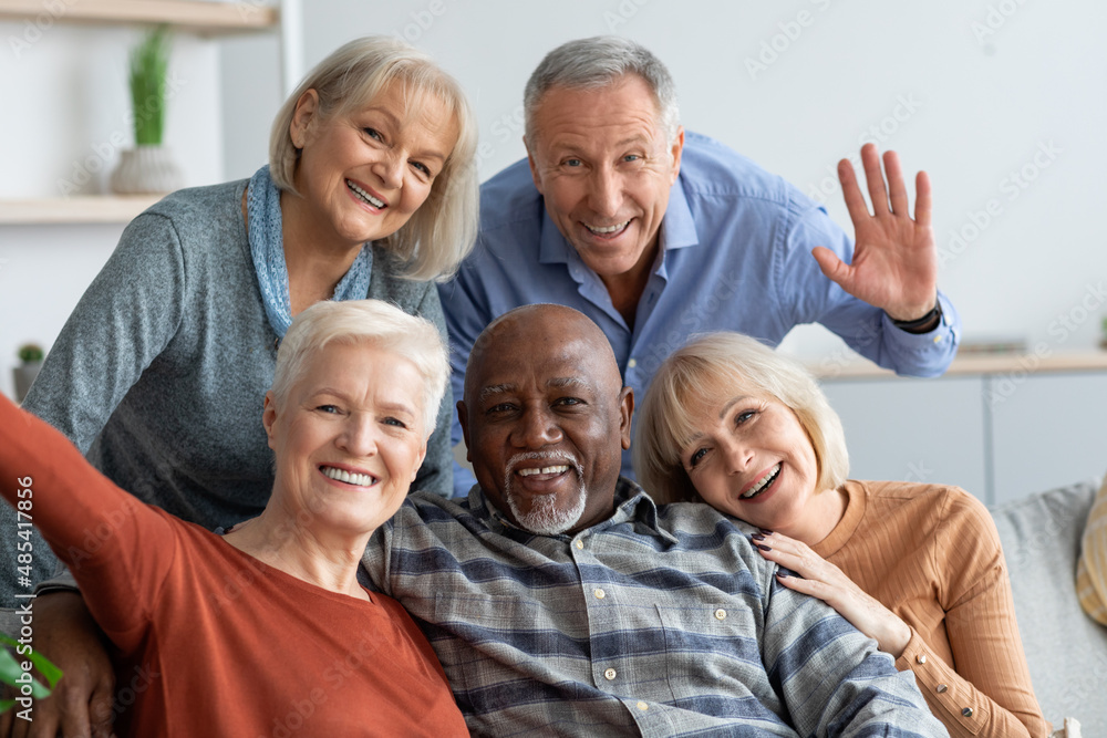 Happy elderly people taking selfie together, home interior Stock Photo ...
