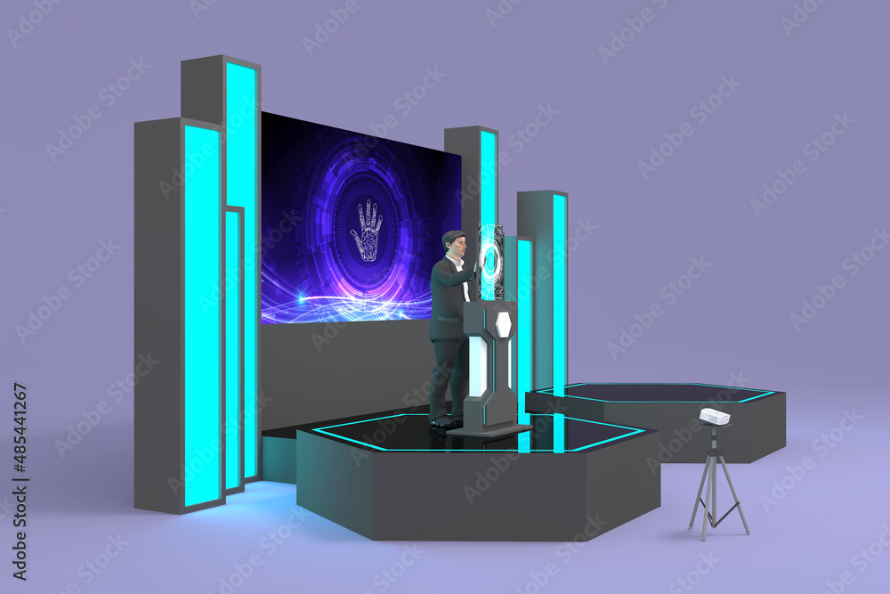 3d illustration stage backdrop LED screen with standing display touch ...