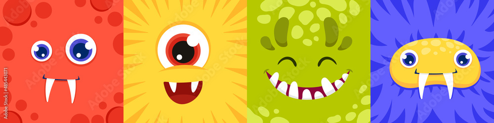 Cartoon Square monster faces set. Funny cute and colorful creatures for ...