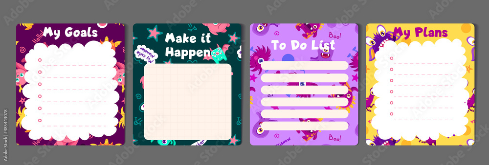 Note paper set with cute monsters patterns. To do list and My plans ...