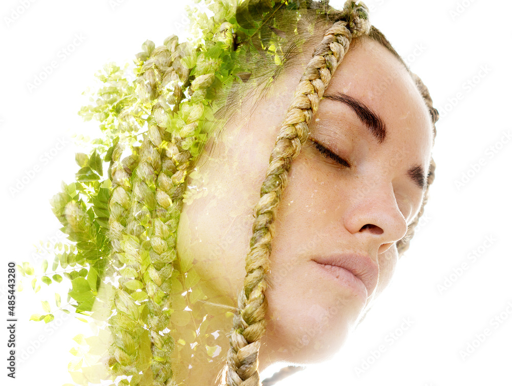 A portrait of a woman combined with wild nature in a double exposure ...