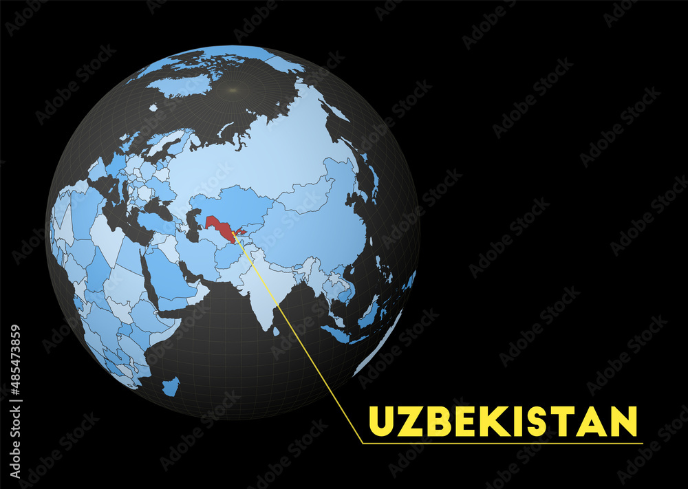 Uzbekistan on dark globe with blue world map. Red country highlighted ...