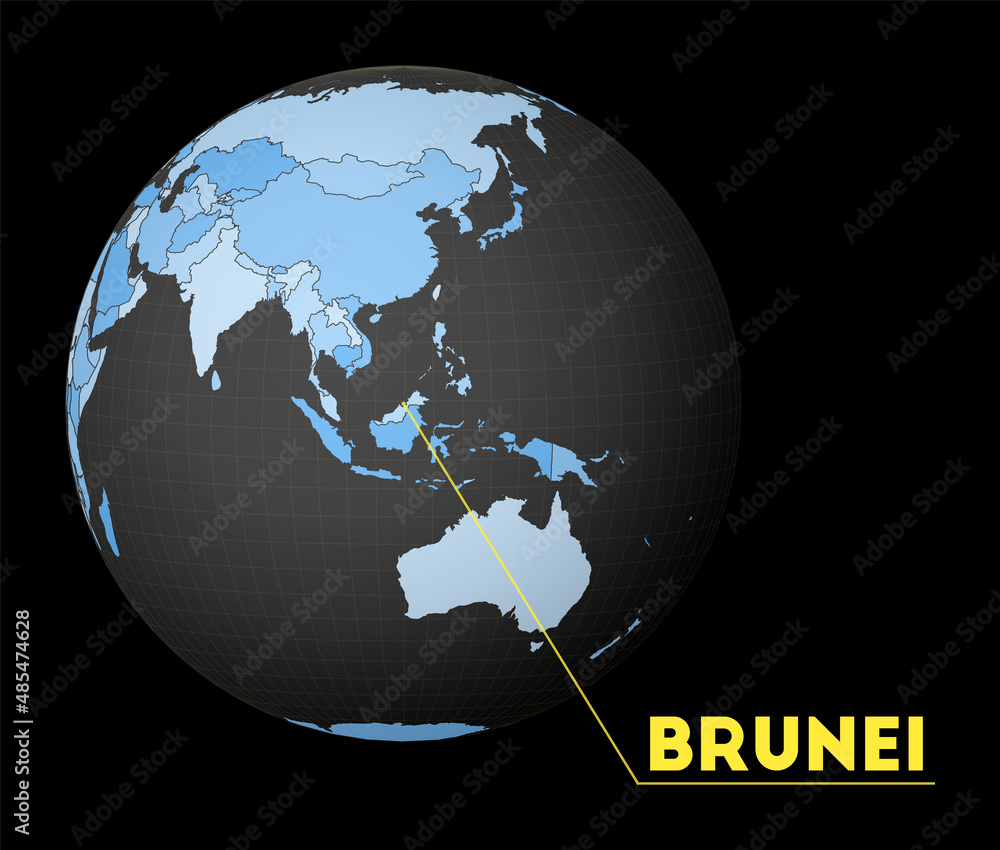 Brunei on dark globe with blue world map. Red country highlighted. Satellite world view centered ...