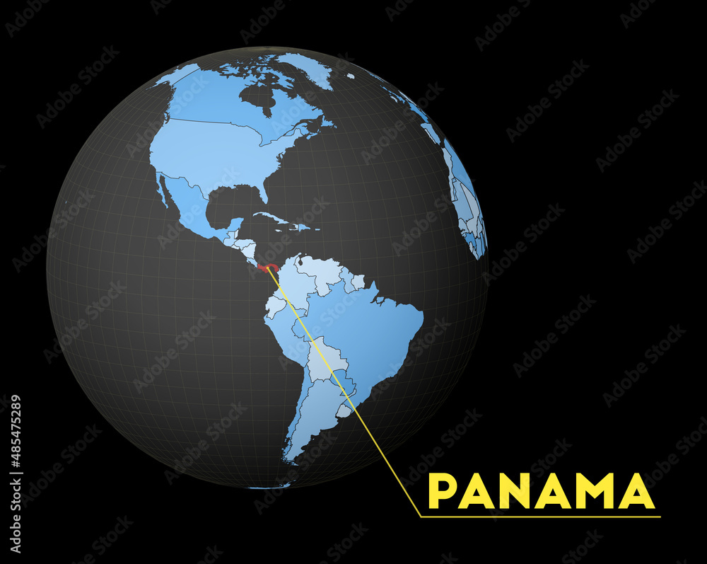 Panama on dark globe with blue world map. Red country highlighted ...