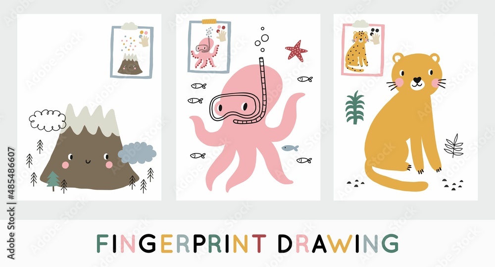 Fingerprint drawing books. Printable coloring page for preschool. Cute ...