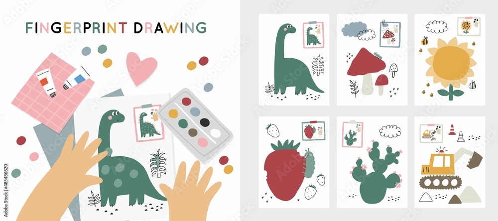 Fingerprint drawing books. Printable coloring page for preschool. Cute ...