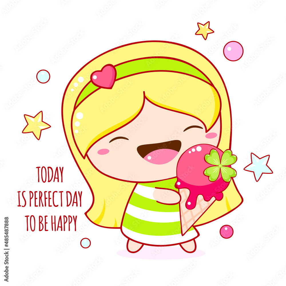 Card in kawaii style. Cute little girl with ice cream. Inscription ...