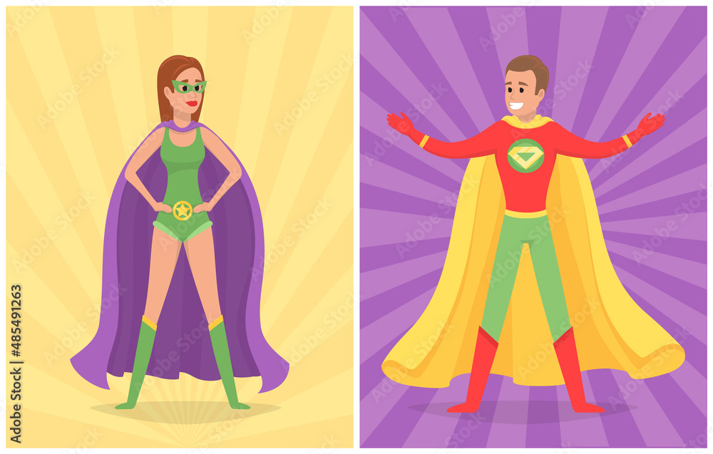 Strong super man and super woman smiles and flies to save world ...