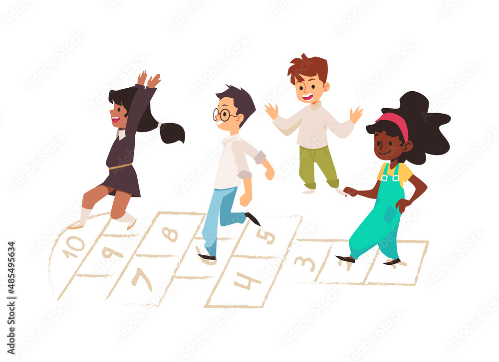 Hopscotch child activity game, isolated. Hispanic, black and white kids ...