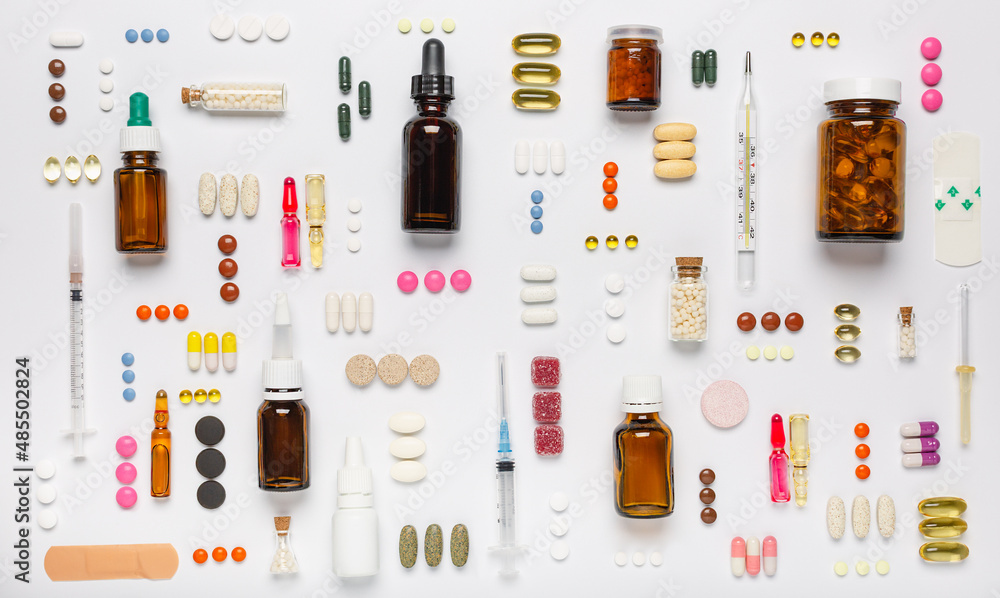 Various medical equipment, thermometer, ampoules, pipette, drugs ...