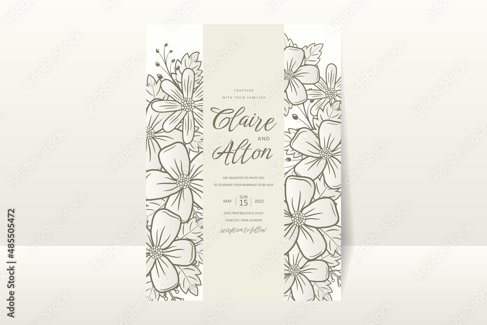 Wedding invitation template with floral outline decoration Stock Vector ...