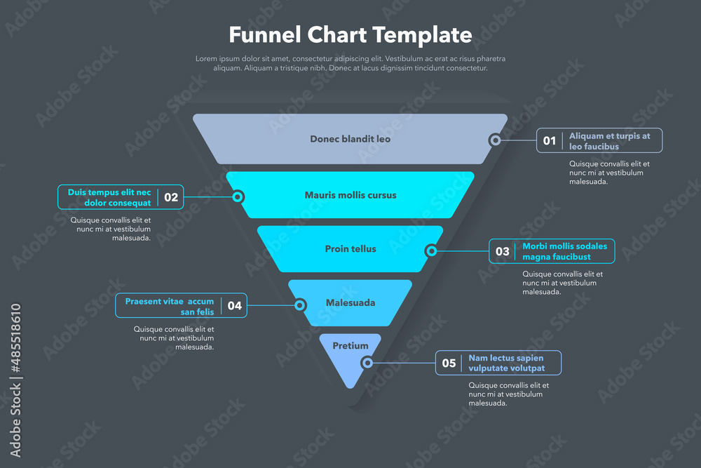 Funnel chart template with five colorful steps - dark version. Easy to ...