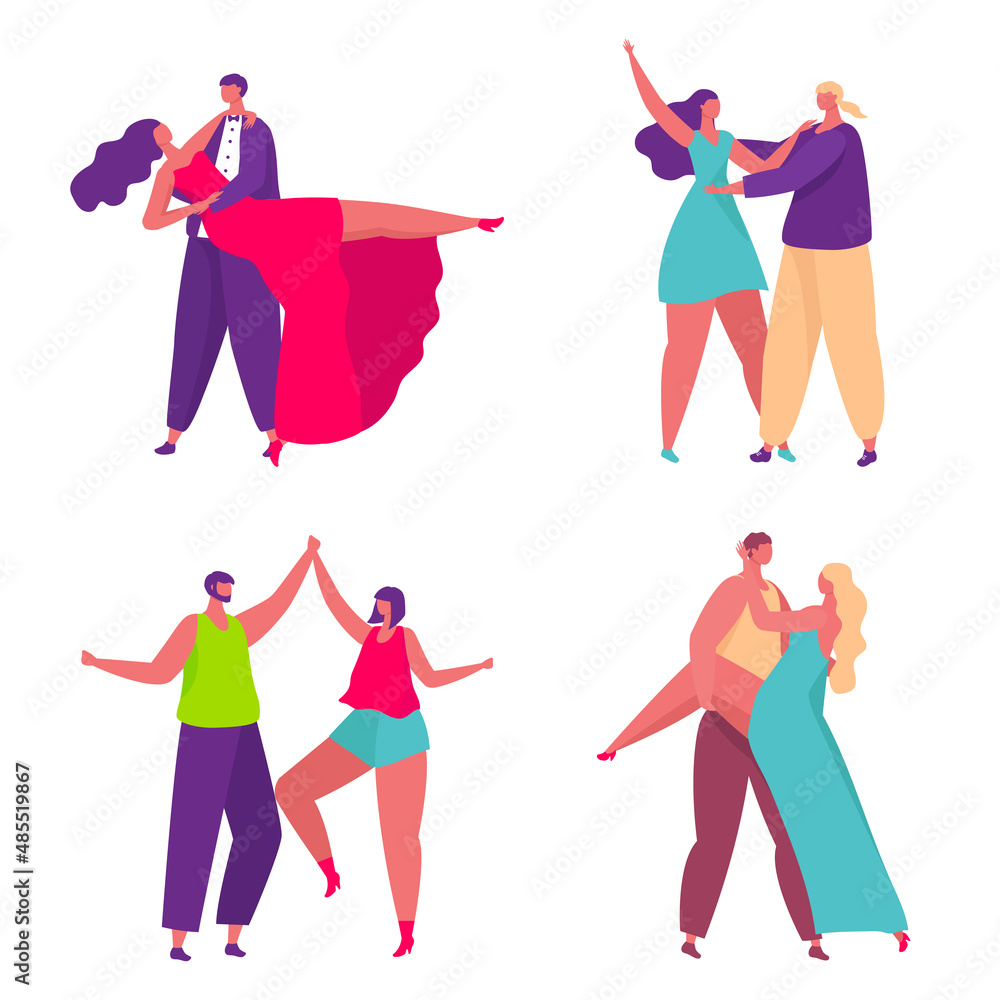 Cartoon couple dancing. Female and male dancers taking part in ...
