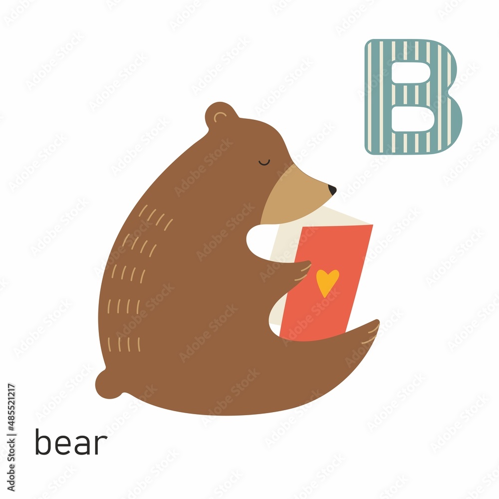 Cartoon vector bear isolated on white background with letter B and ...