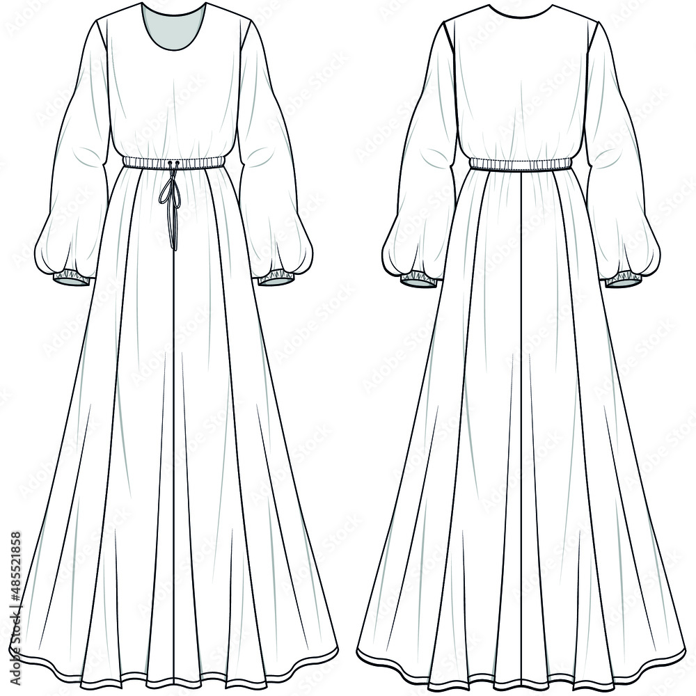 Round Neck Bishop Sleeve Flared Maxi Dress with string bow, Abaya ...