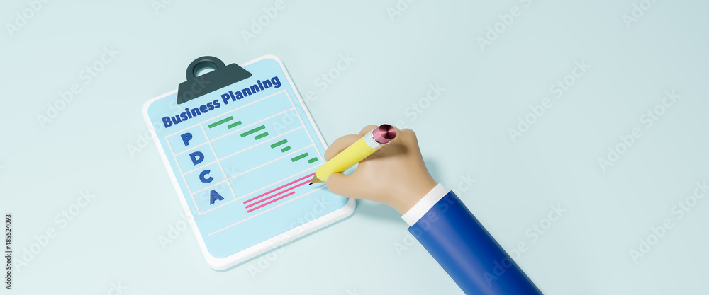 Plan Do Check Act, 3d cartoon hand holding pencil of checks the action ...