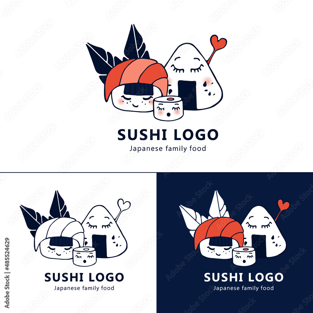 Cute kawaii Sushi family, rolls, nigiri. Vector logo, corporate ...