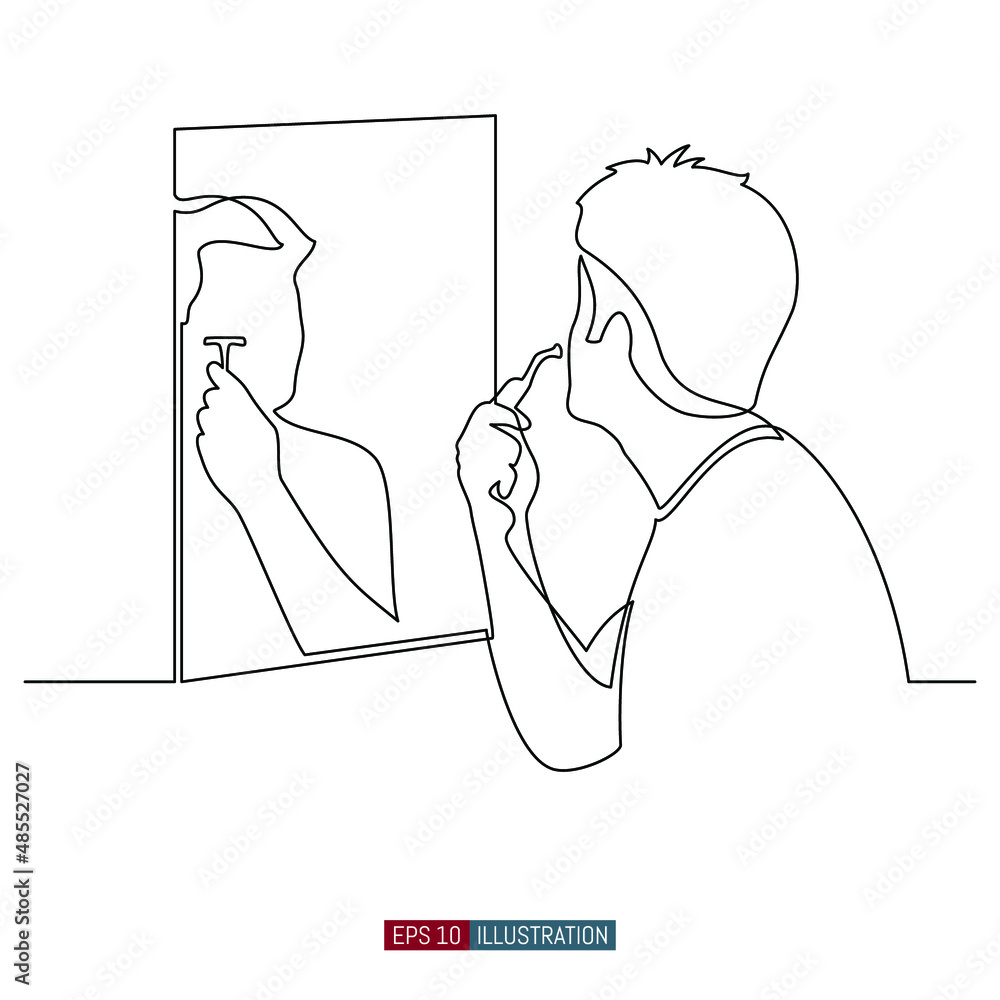 Continuous line drawing of A man shaves his face in front of a mirror ...