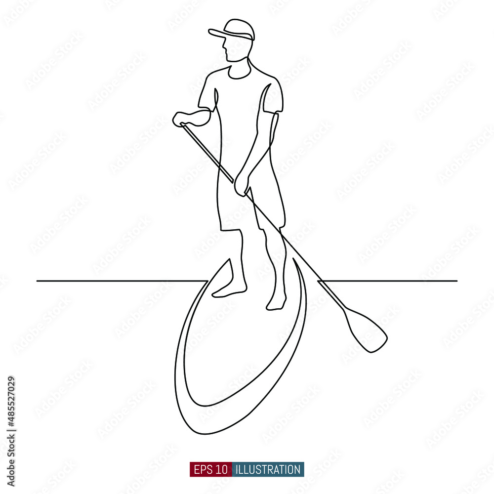 Continuous line drawing of Man on puddleboard. SUP boarding. Template ...