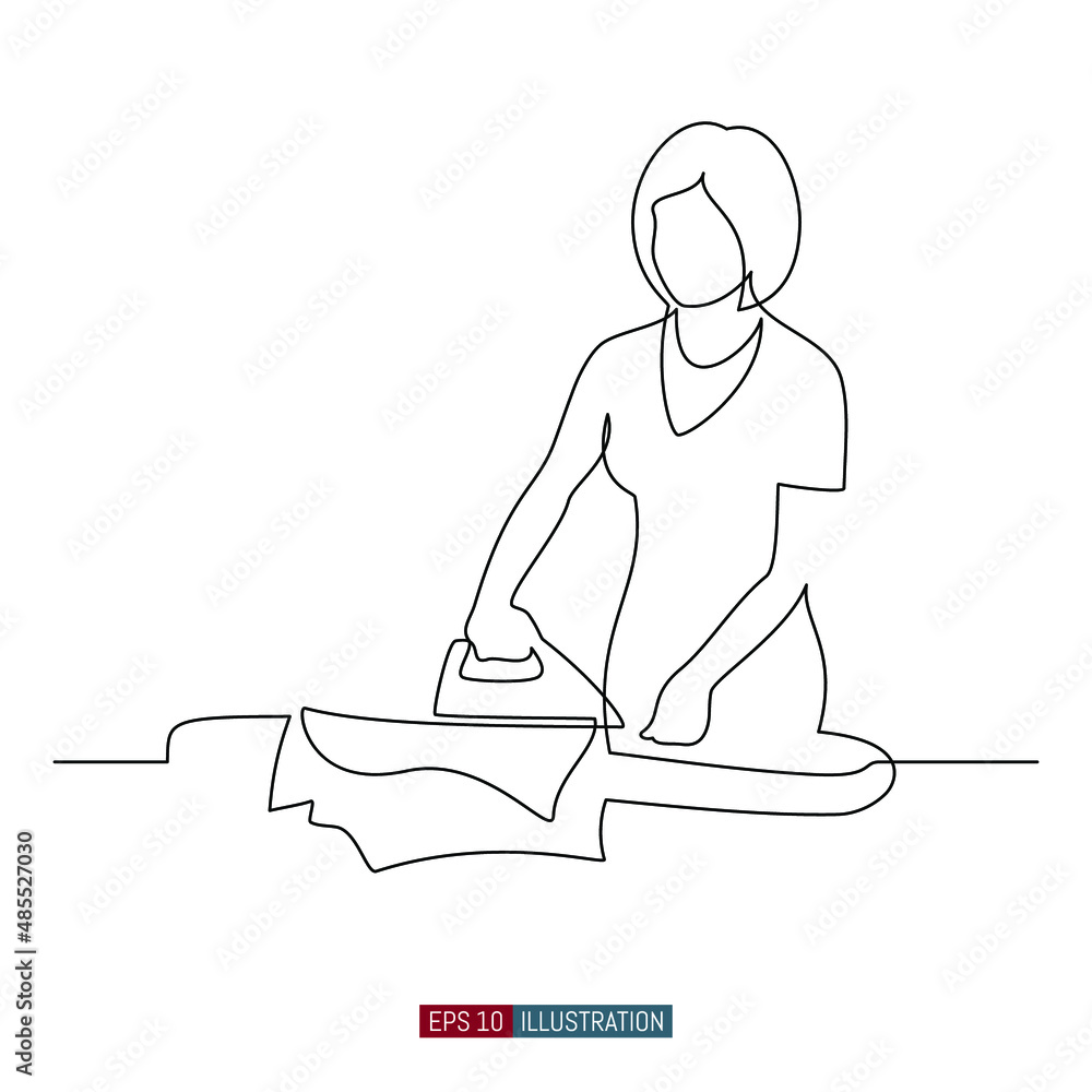 Continuous line drawing of Woman ironing clothes. Template for your ...