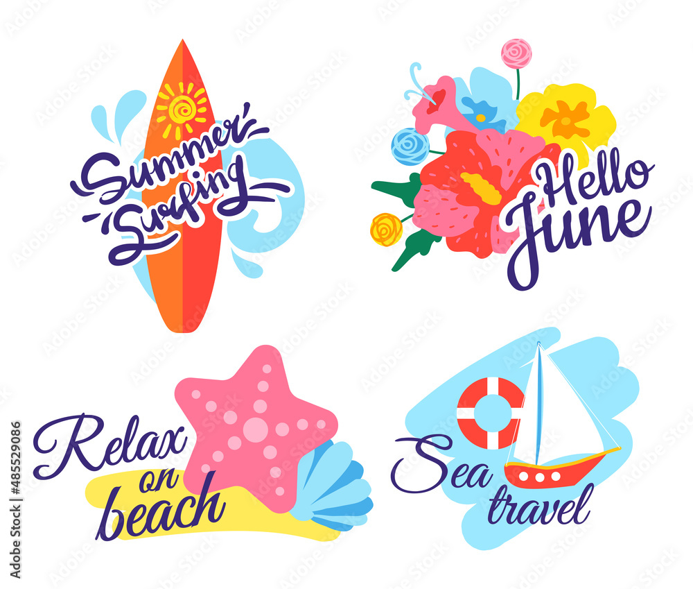 Summer lettering. Holiday concept, surfing board with water waves ...