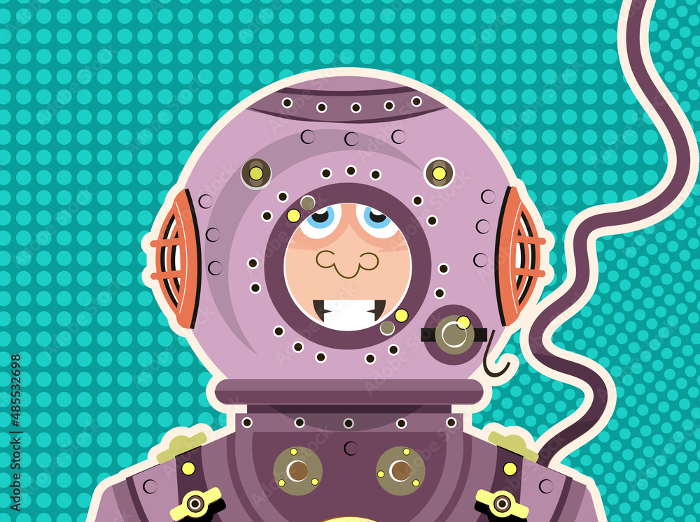 Diver in a vintage helmet at the bottom of the ocean. Cartoon character ...