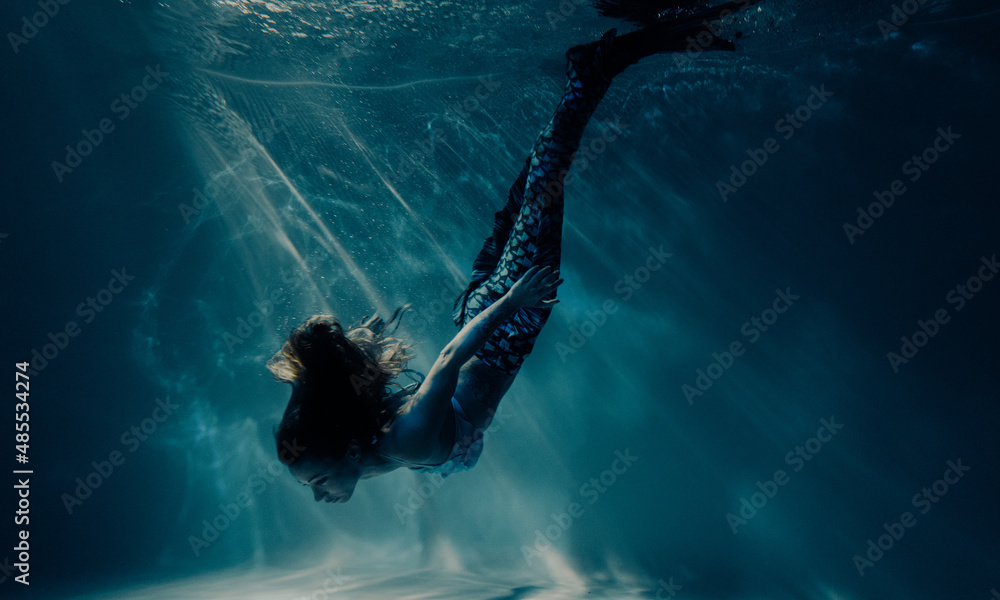 Woman with mermaid tail swims and dives underwater. Stock Photo | Adobe ...