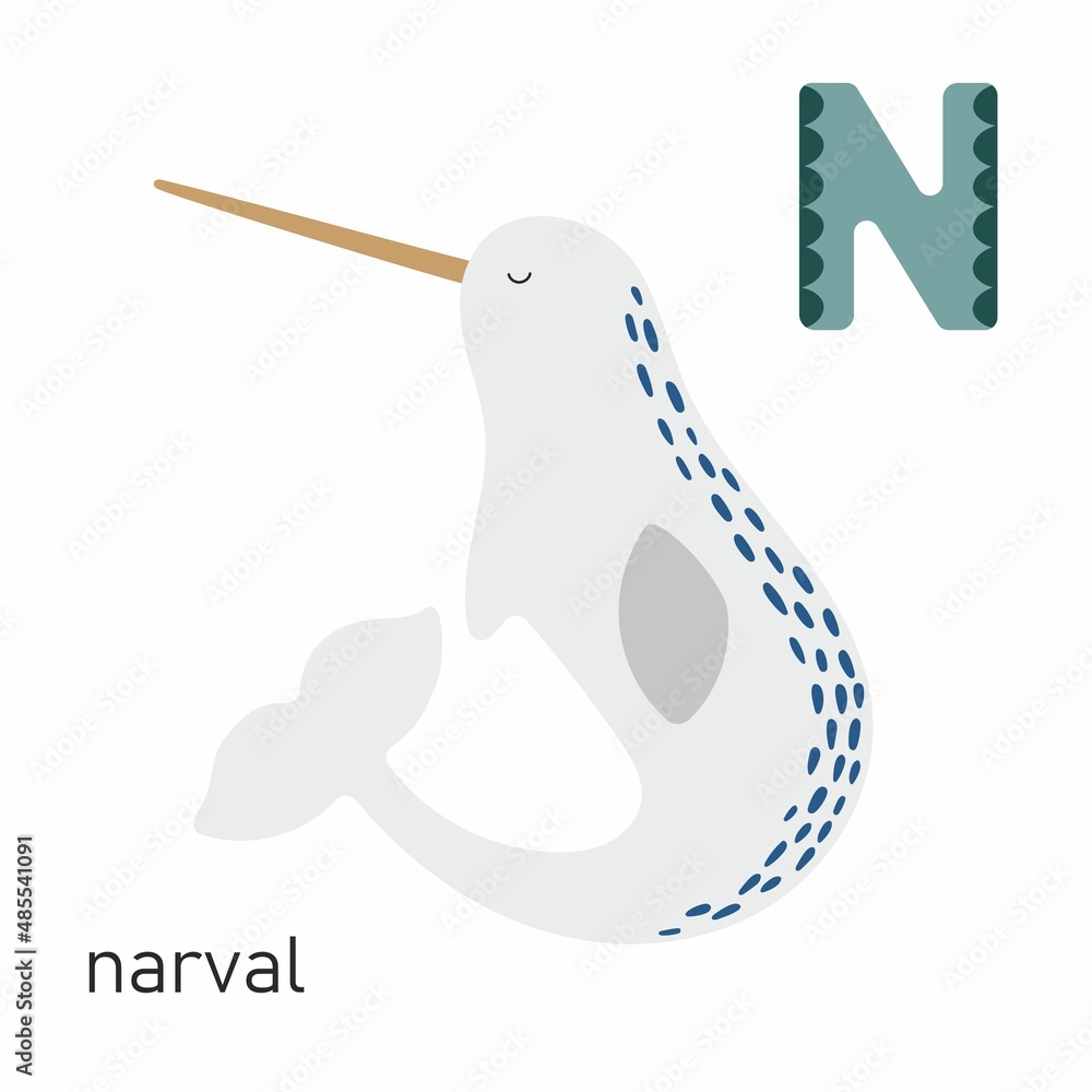 Digital cute illustration of narval whale isolated on white background ...