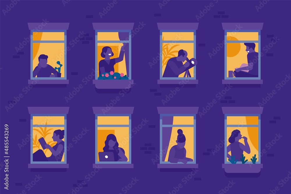 Neighbors in windows at night. Evening apartments with different ...