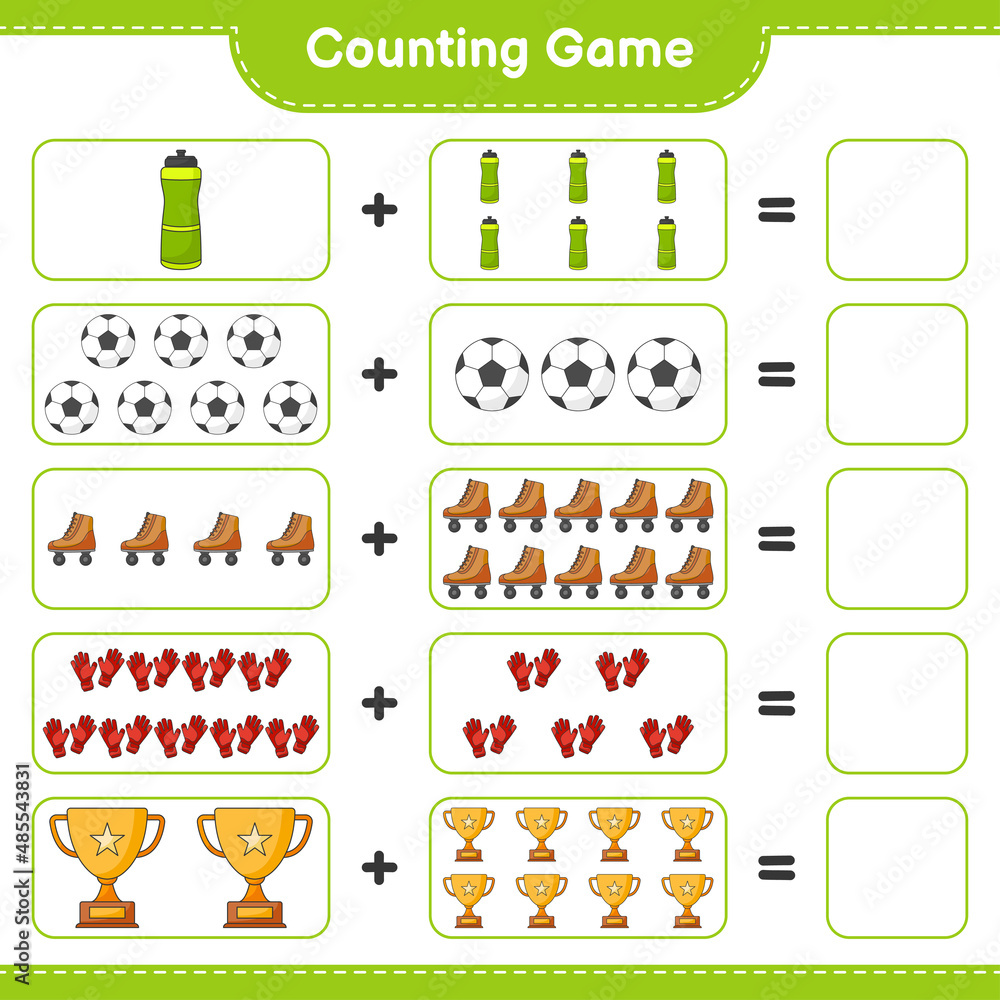 Count and match, count the number of Water Bottle, Trophy, Soccer Ball ...