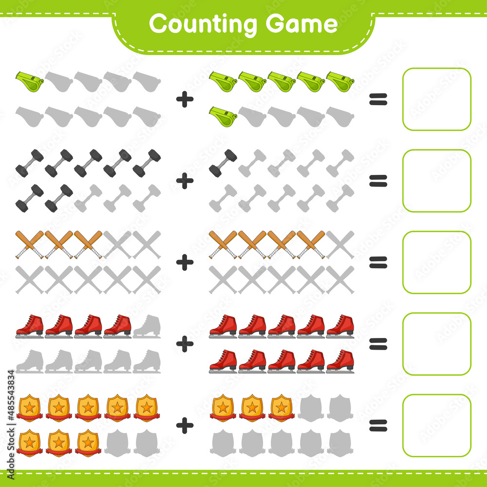 Count and match, count the number of Ice Skates, Whistle, Dumbbell ...