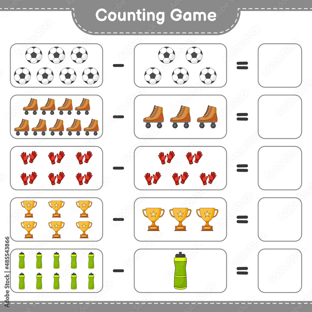 Count and match, count the number of Water Bottle, Trophy, Soccer Ball ...